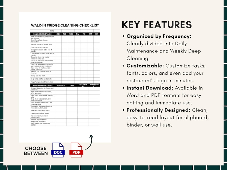 Walk-in Fridge Cleaning Checklist Template, Daily Weekly Commercial ...