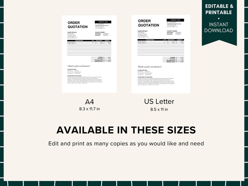 Order Quotation Excel Template, Custom Printable Business Forms ...