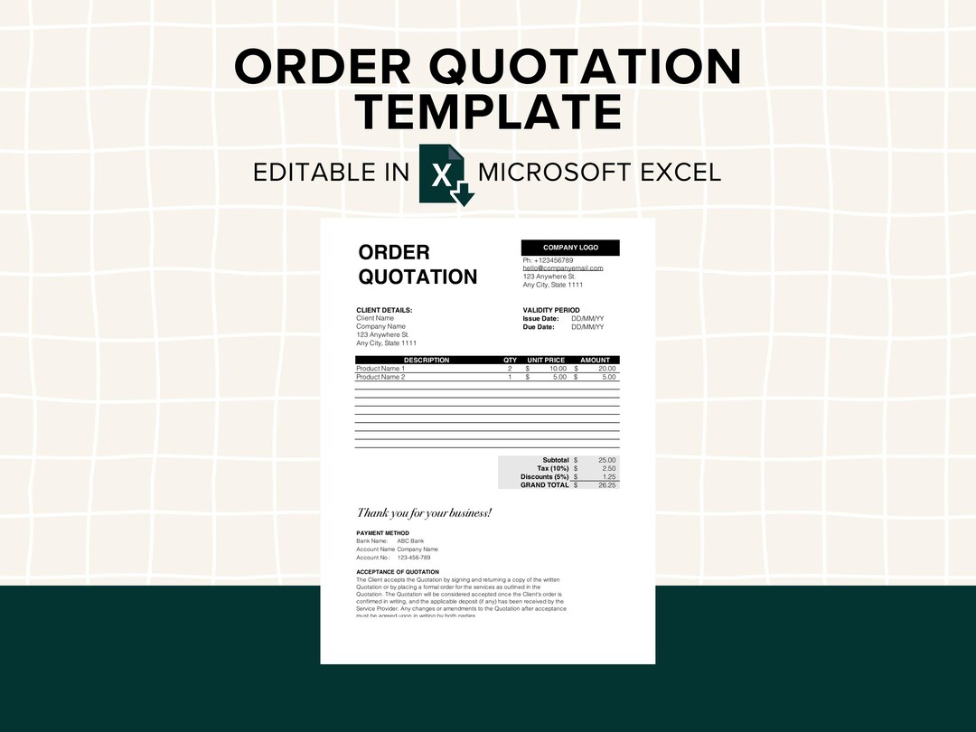 Order Quotation Excel Template, Custom Printable Business Forms ...