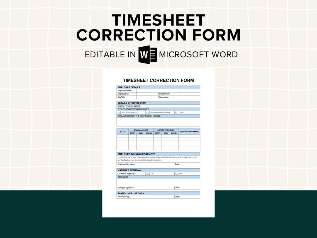 Employee Timesheet Correction Form, Editable Word and PDF, HR Forms ...