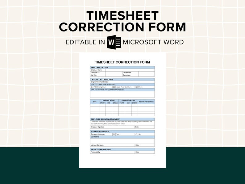 Employee Timesheet Correction Form, Editable Word and PDF, HR Forms ...