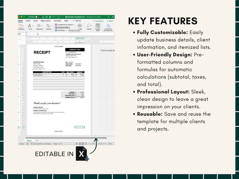 Editable Receipt Excel Template, Custom Printable Business Forms ...