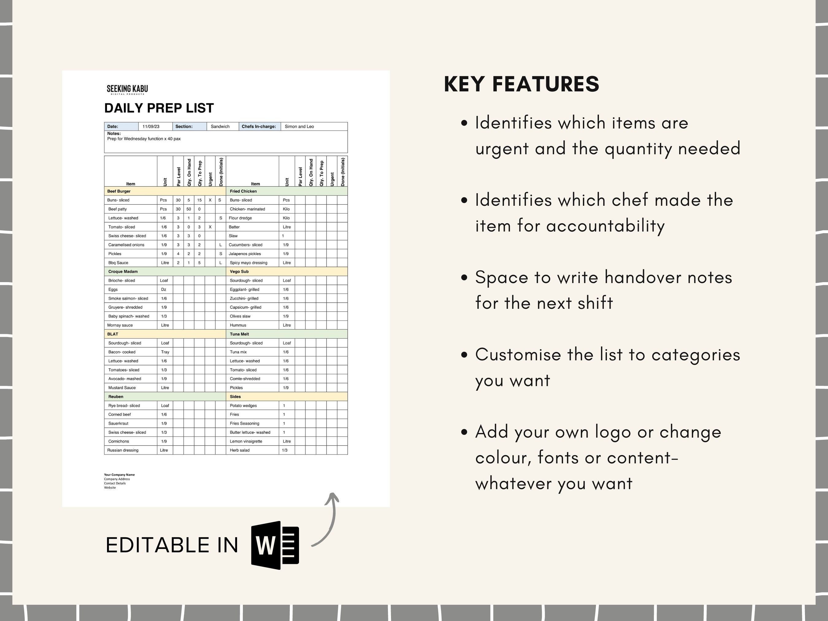 Kitchen Daily Prep List, Shift Handover Notes Fot Chefs, Restaurant and ...