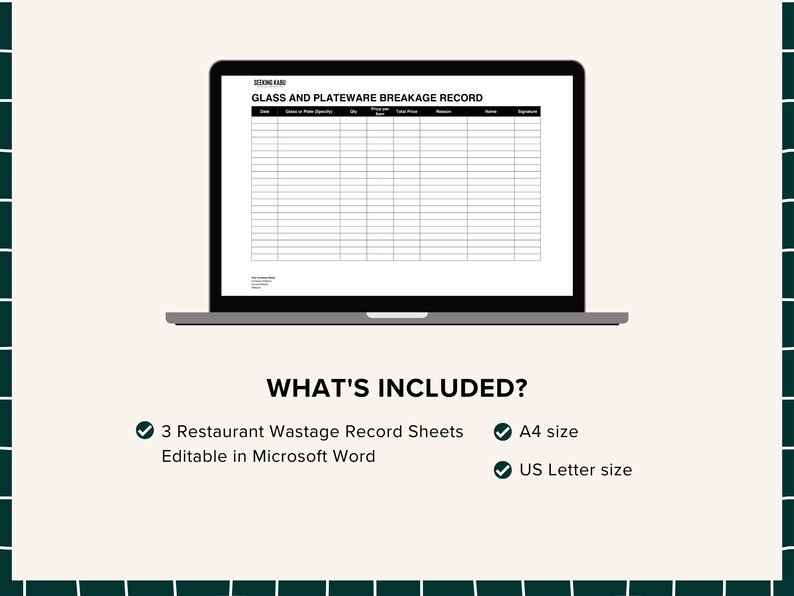 Wastage Record Sheets for Food, Beverage Glass and Plate Breakage Log ...