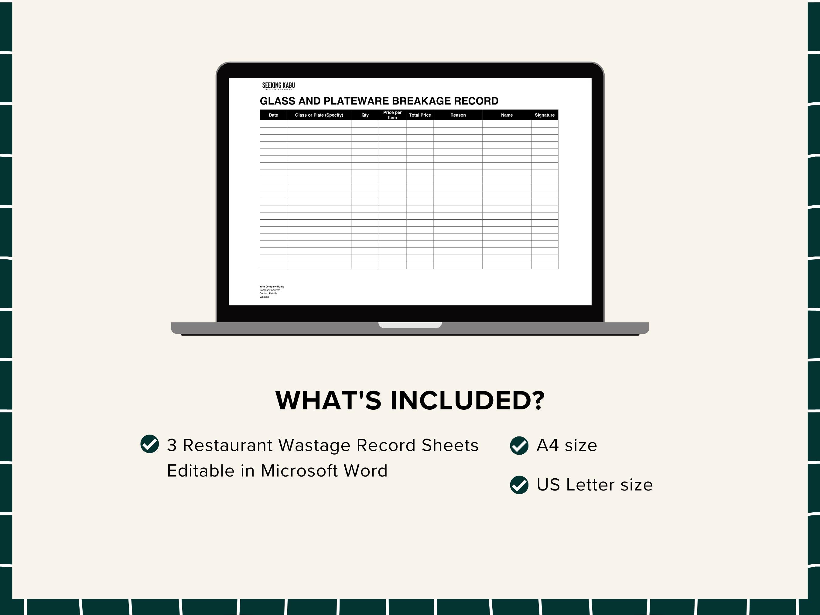Wastage Record Sheets for Food, Beverage Glass and Plate Breakage Log ...