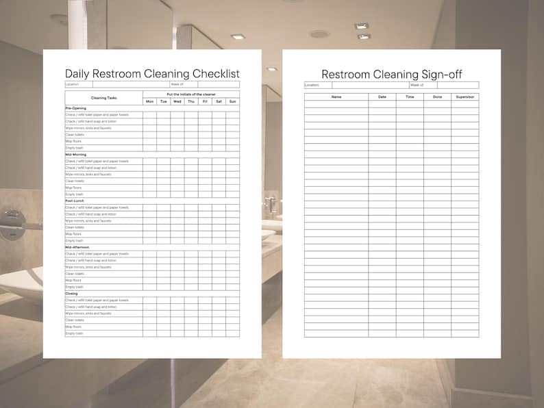 Public Restroom Cleaning Checklist and Sign off Sheet, Editable ...