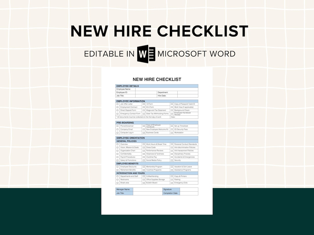Editable New Hire Checklist, Employee Orientation Checklist, Staff ...