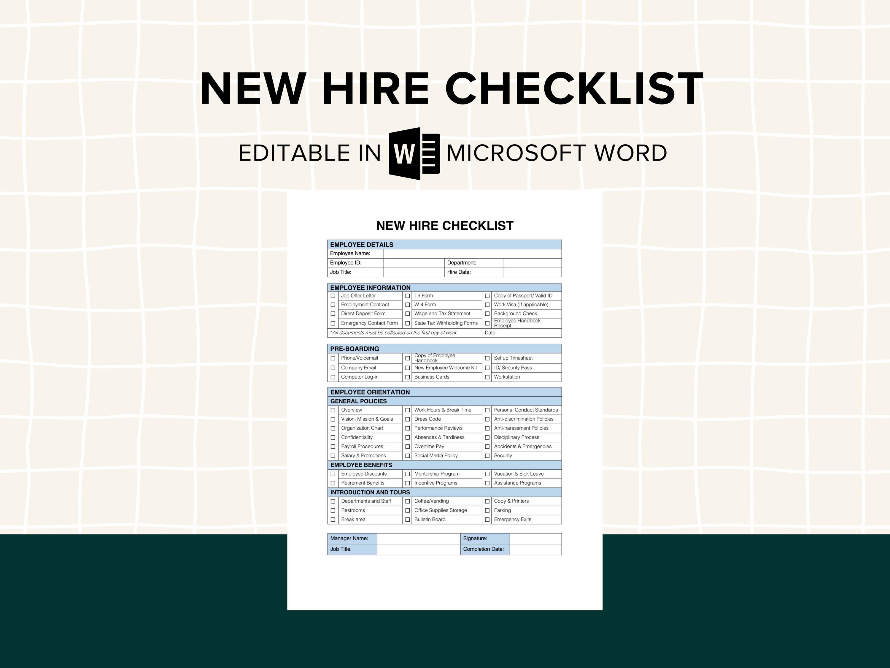 Editable New Hire Checklist, Employee Orientation Checklist, Staff ...
