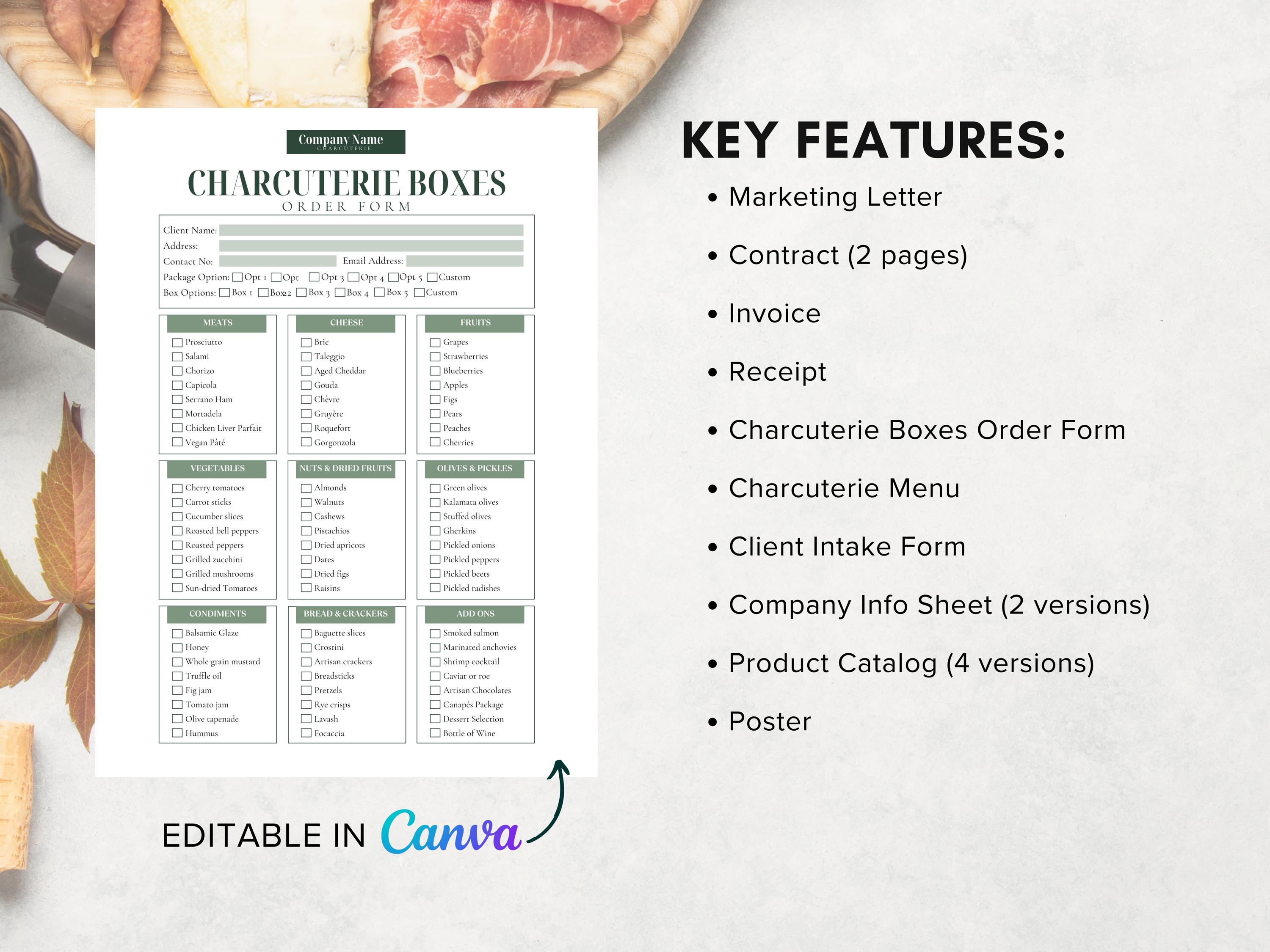 Editable Charcuterie Business Template Bundle Menu Invoice Contract ...