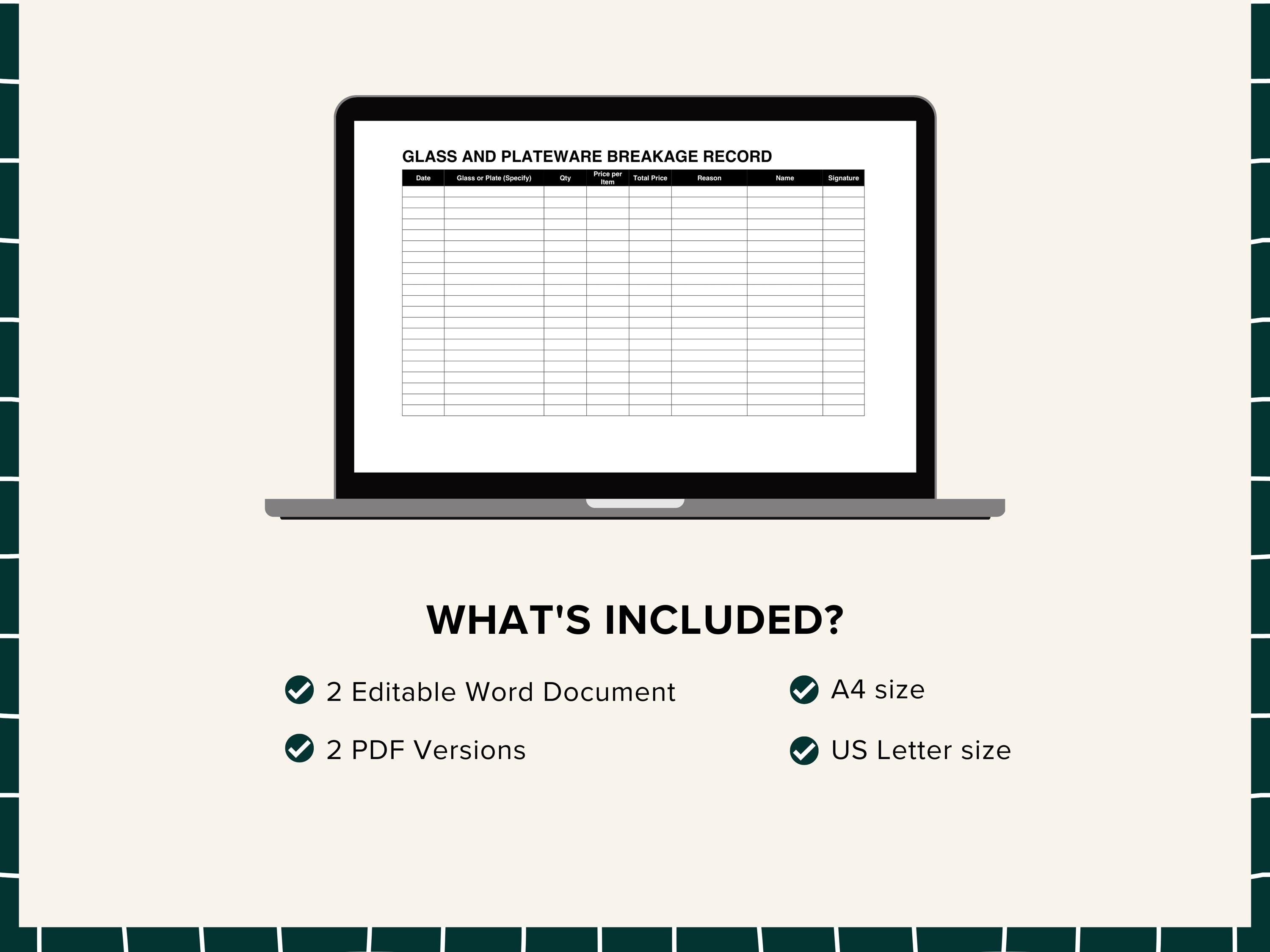 Glass and Plate Breakage Record Template, Editable Dish Breakage Log ...