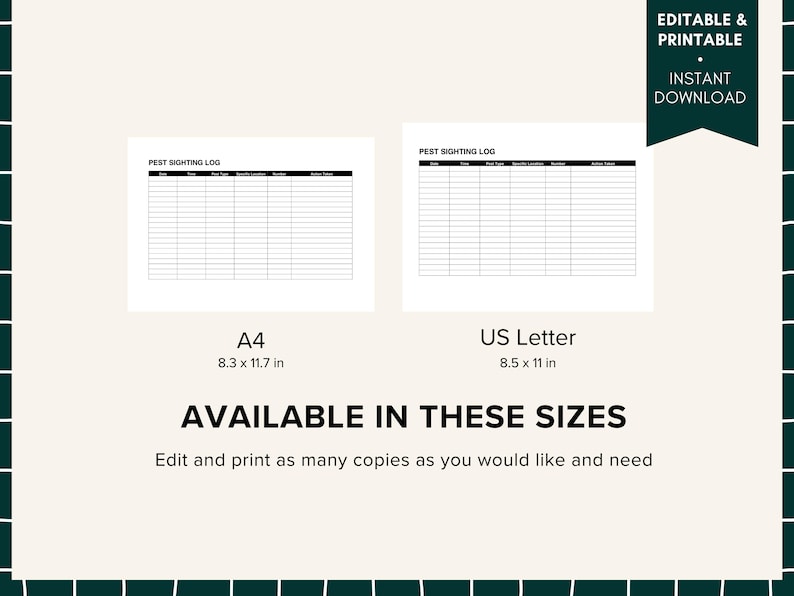 Editable Pest Sighting Log, Pest Control Sheet, Pest Tracking Form ...