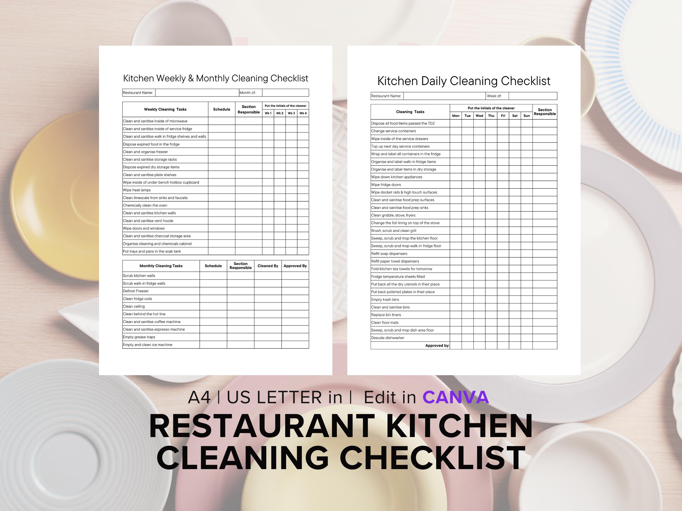 Commercial Kitchen Cleaning Checklist, Professional, Restaurant, Cafe ...