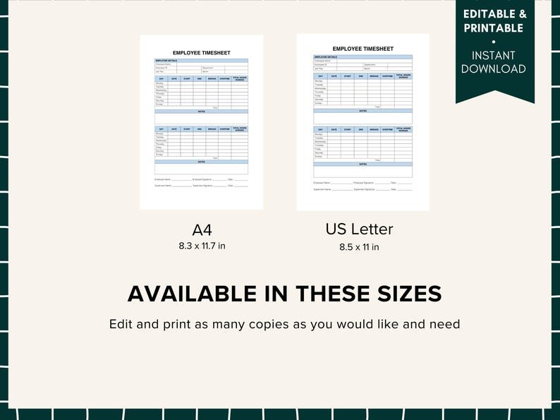 Printable Biweekly Time Sheet, Fortnightly Time Keeping Log, Employee ...