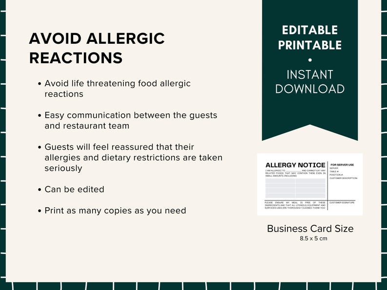 Allergy Notice Card for Restaurants, Food Safety, Celiac Disease, Food ...