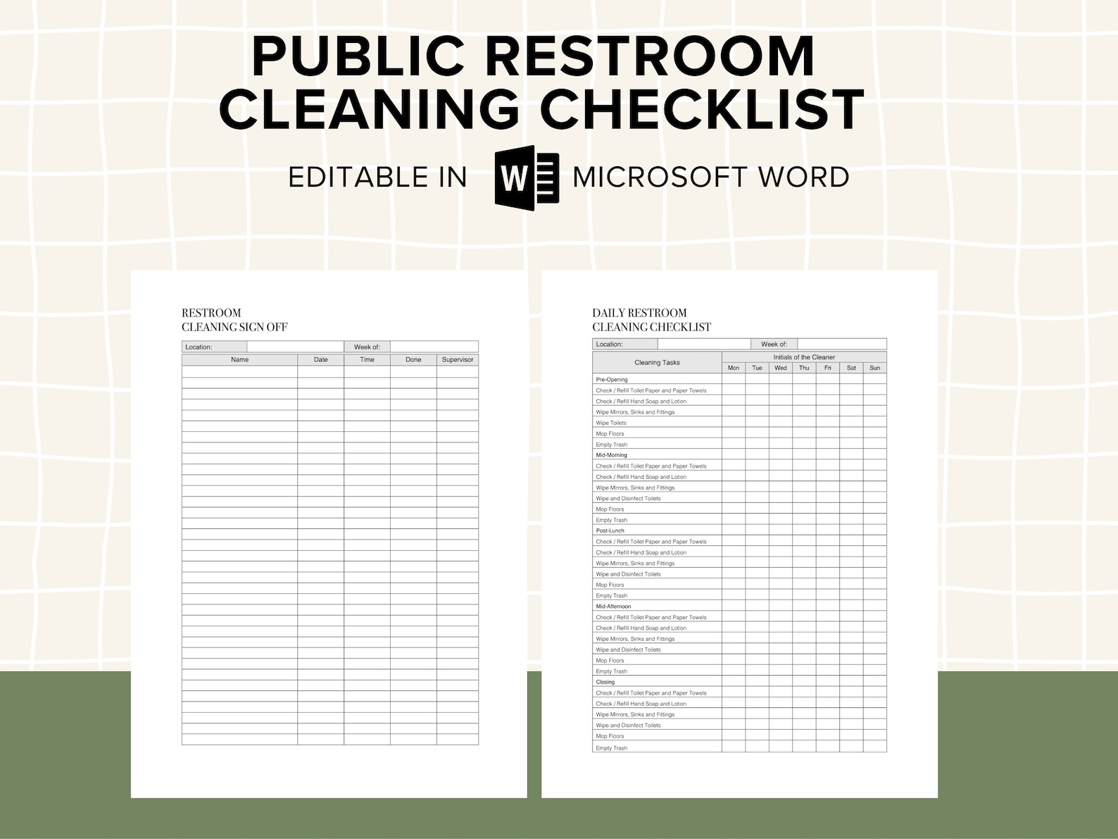 Restroom Cleaning Checklist | Restroom Sign off Form | Editable and ...