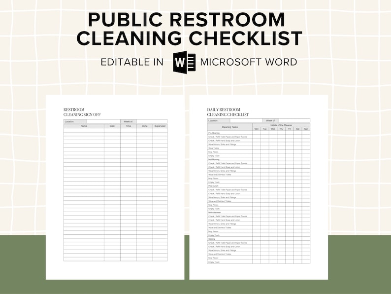 Restroom Cleaning Checklist | Restroom Sign off Form | Editable and ...