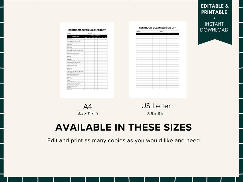 Editable Restroom Cleaning Checklist, Printable Toilet Sign off Form ...