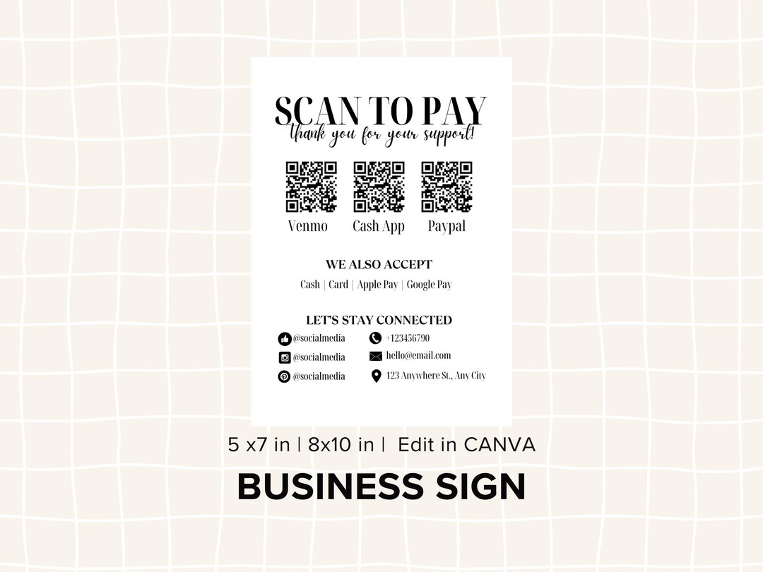 Customizable Sign Template, Scan to Pay Poster, Printable Sign 5x7 8x10 ...