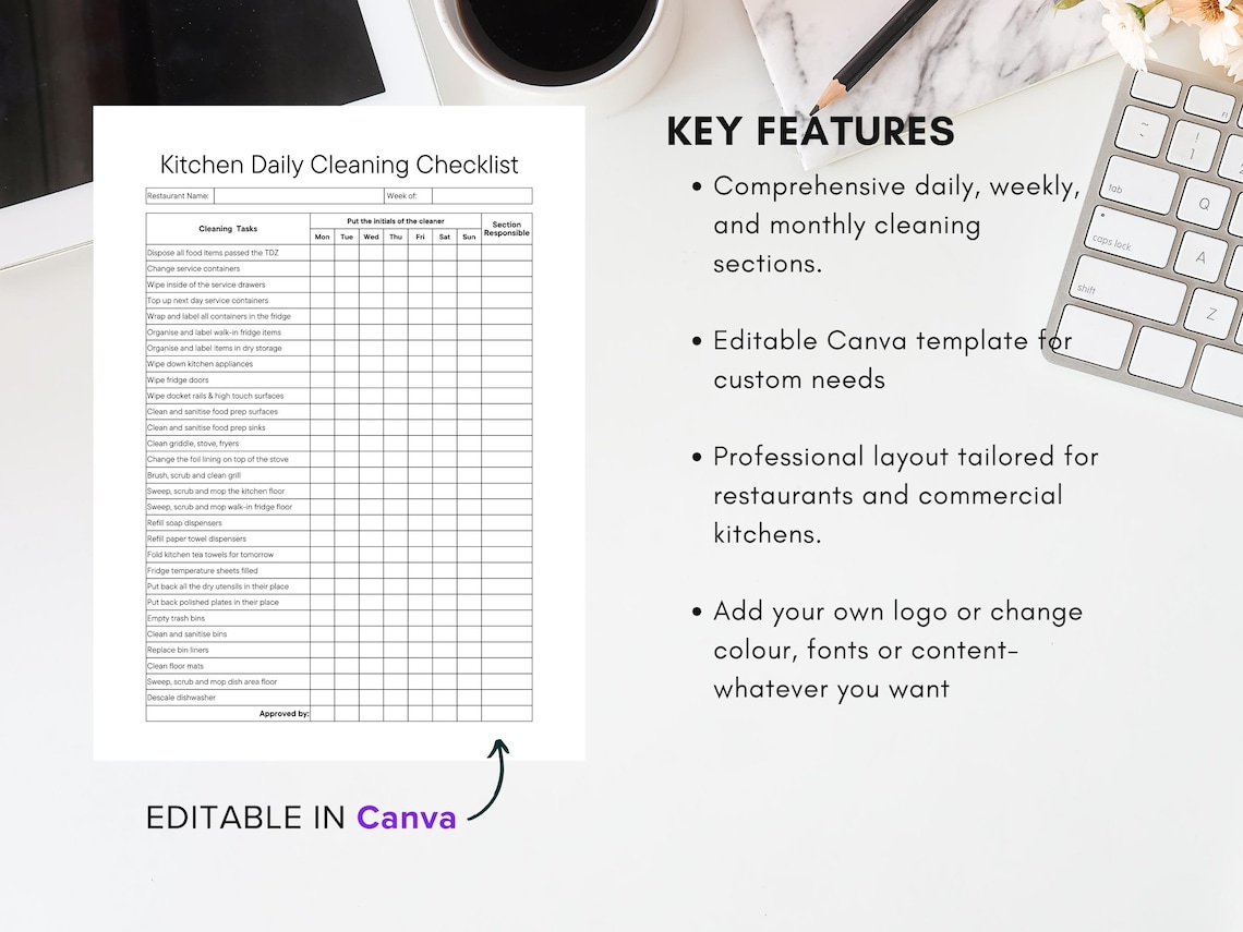Commercial Kitchen Cleaning Checklist, Professional, Restaurant, Cafe ...