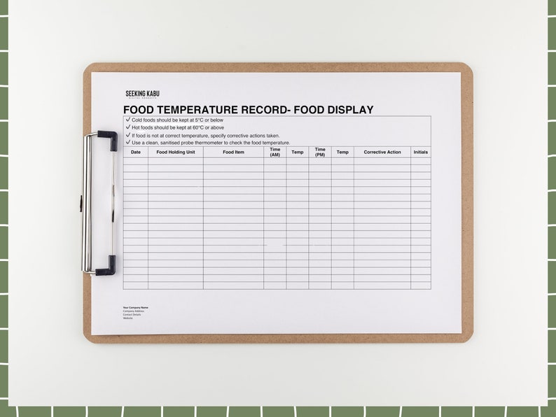 Food Temperature Record Sheets for Restaurants, Cafe, Bakery, Catering ...
