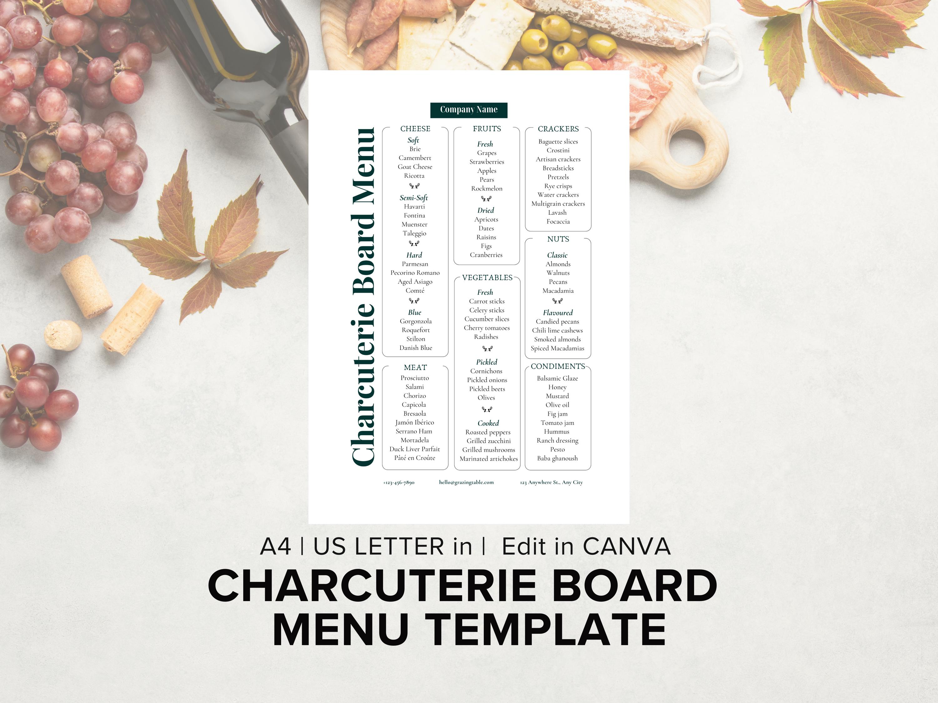 Charcuterie Board Menu Template, Canva Customizable, Small Business ...