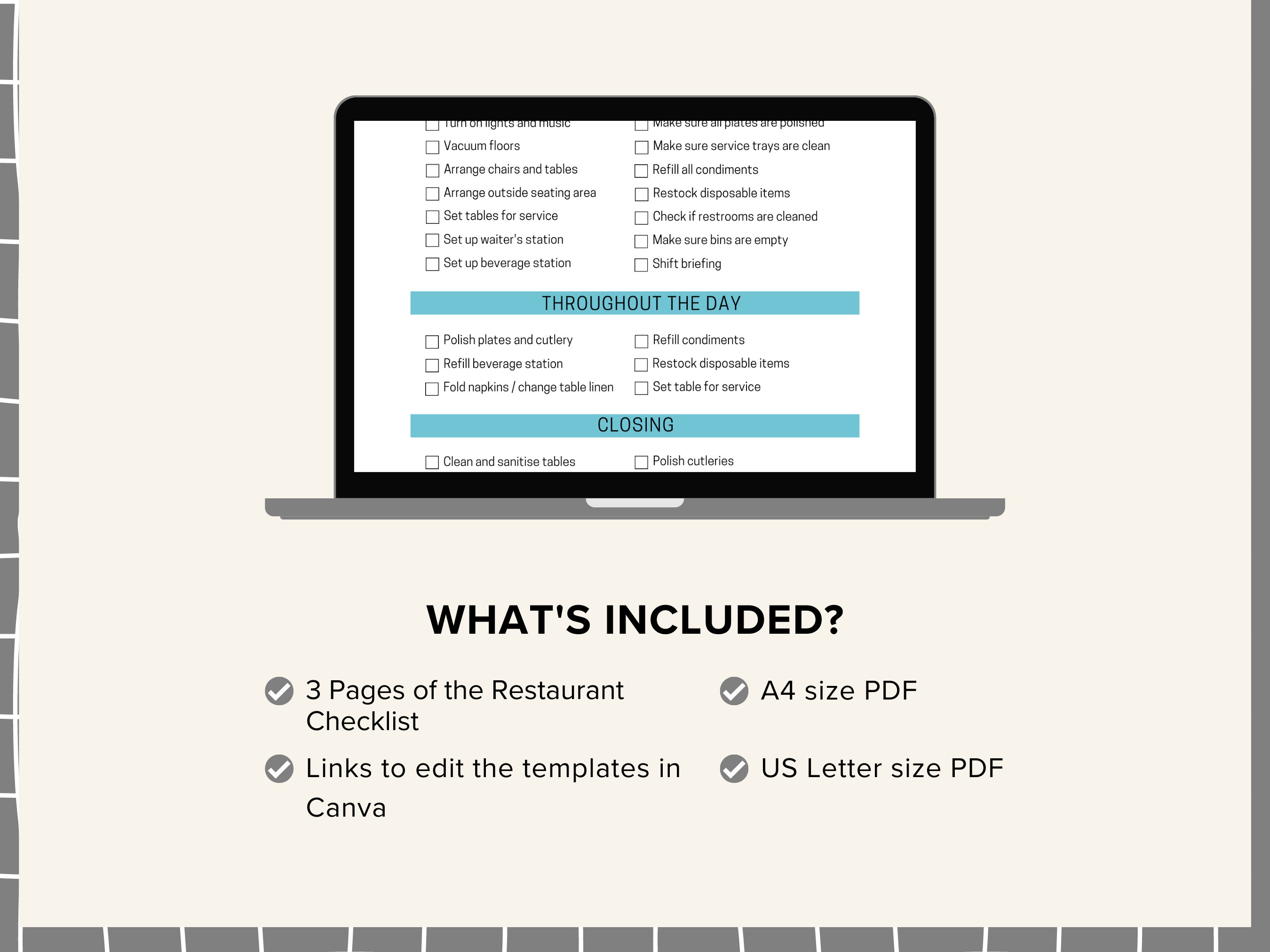 FOH Restaurant Daily Checklist, for Server, Manager and Bartender, for ...