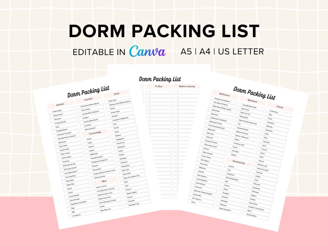 College Dorm Packing List Checklist for Freshman Downloadable, Editable ...