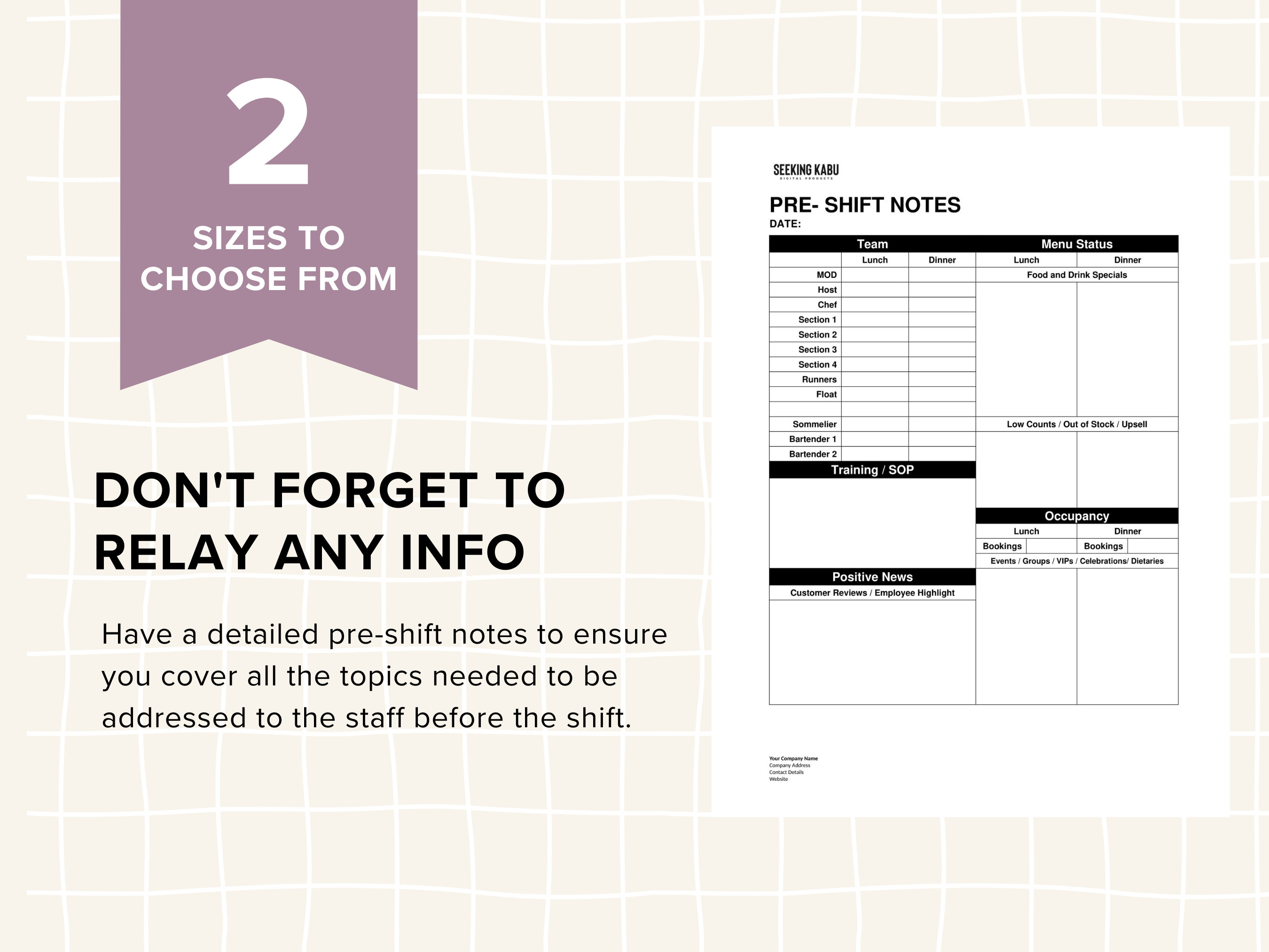 Restaurant Daily Pre-shift Notes; FOH and BOH; Chefs, Waiters; Cafe ...