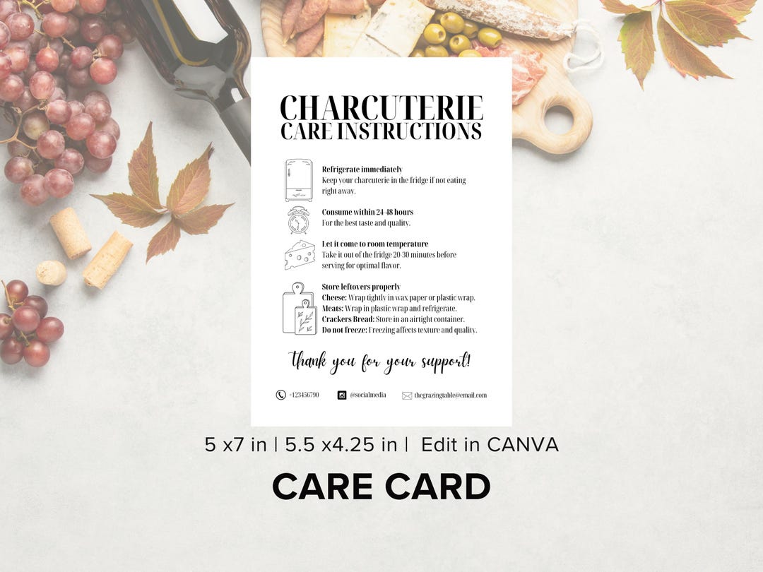 Charcuterie Board Care Card Template, Custom Grazing Platter Storage ...