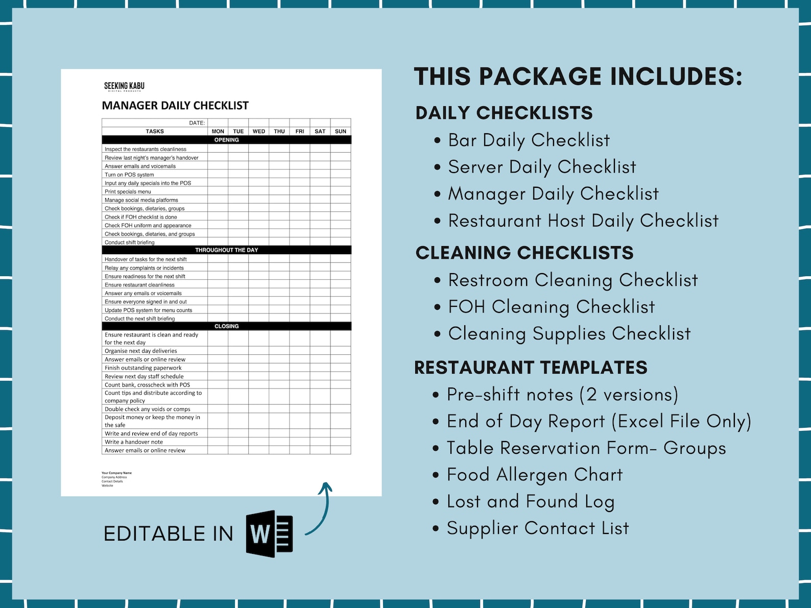 Restaurant FOH Templates Bundle, Daily, Server, Host, Bartender ...