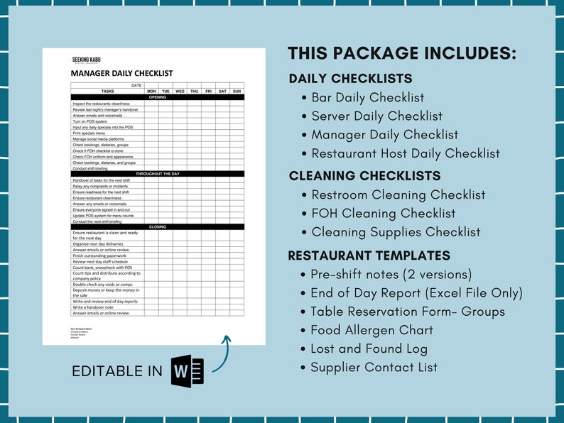 Restaurant FOH Templates Bundle, Daily, Server, Host, Bartender ...