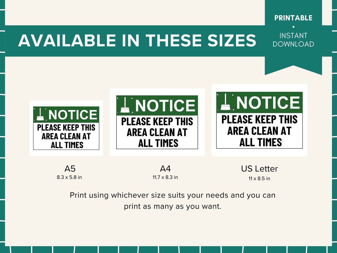 Printable Notice, Keep This Area Clean, Poster, Reminder, PDF, PNG, JPG ...