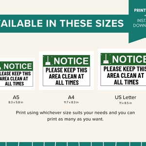 Printable Notice, Keep This Area Clean, Poster, Reminder, PDF, PNG, JPG ...