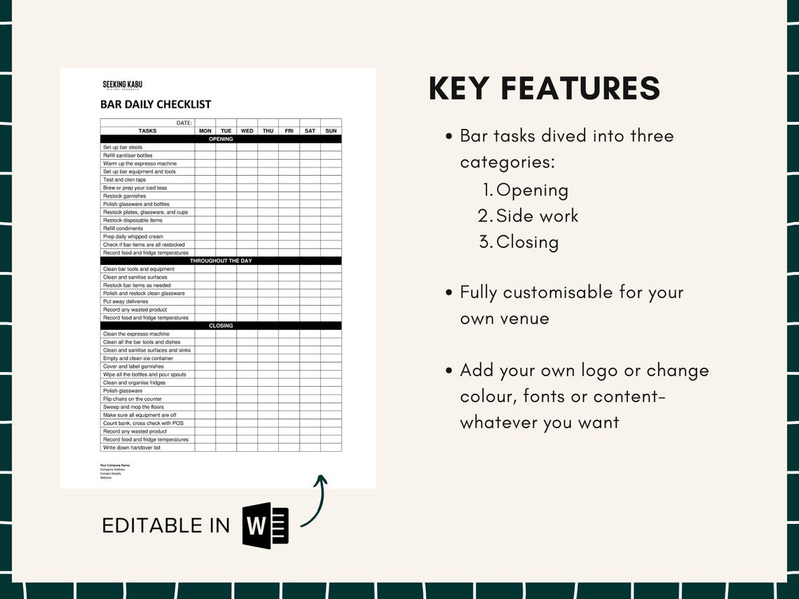 Bar Daily Operating Checklist Opening Side Work Closing for Restaurant ...