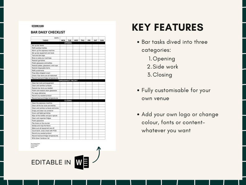 Bar Daily Operating Checklist Opening Side Work Closing for Restaurant ...