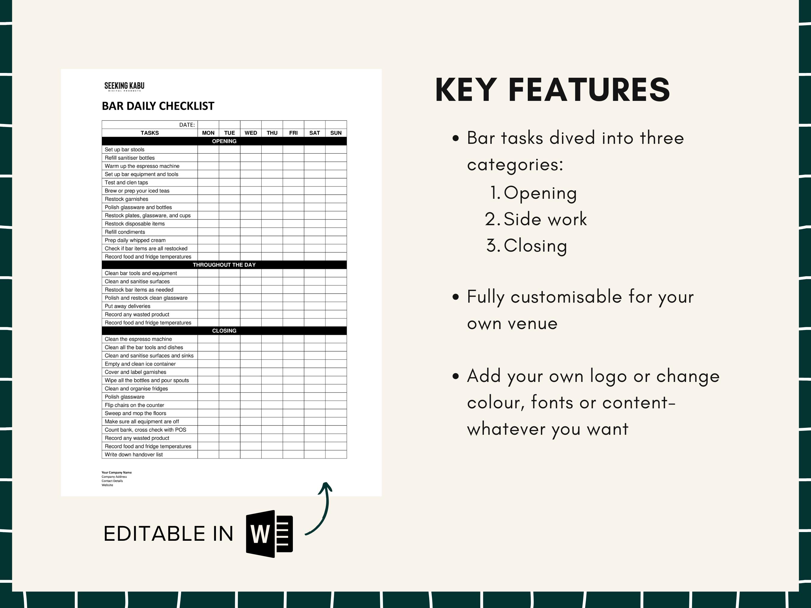 Bar Daily Operating Checklist Opening Side Work Closing for Restaurant and Bars Training List ...