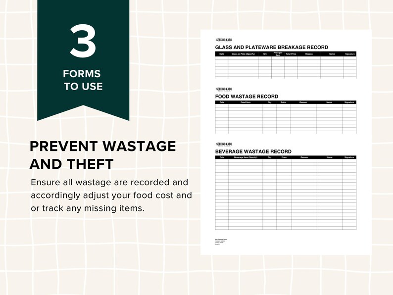 Wastage Record Sheets for Food, Beverage Glass and Plate Breakage Log ...