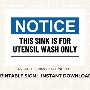 Printable Notice, Utensil Wash Sink Only, Instant Download, Public ...