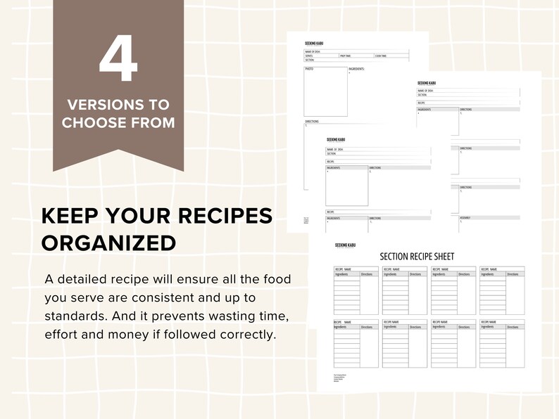 Restaurant Recipe Card Template MS Word Recipe Section Spec Sheet ...