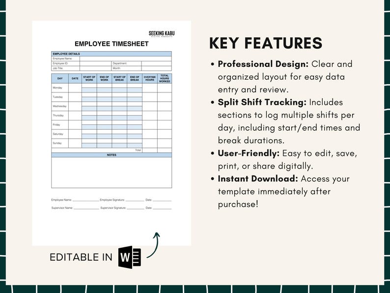 Printable Weekly Time Sheet, Split Shift, Employee Timesheet Log Form ...