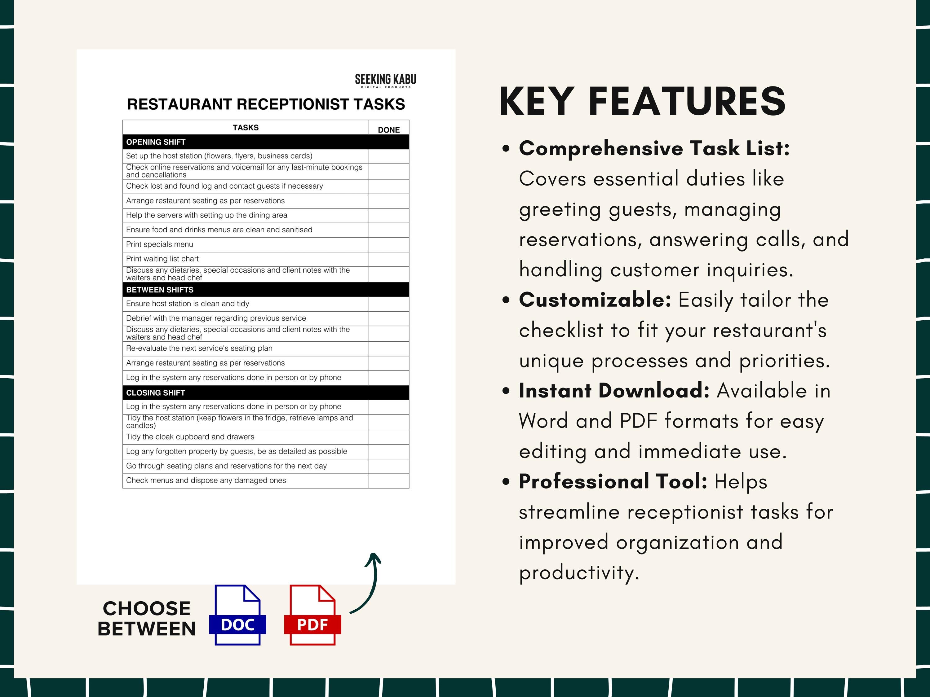 Restaurant Receptionist Daily Checklist, Maître D Duties, Restaurant ...