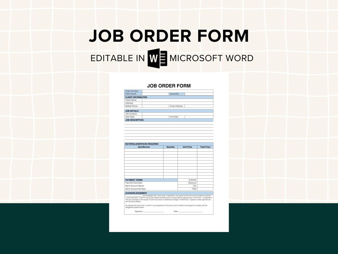 Job Order Form Template, Work Request Form, Editable Word, Printable ...