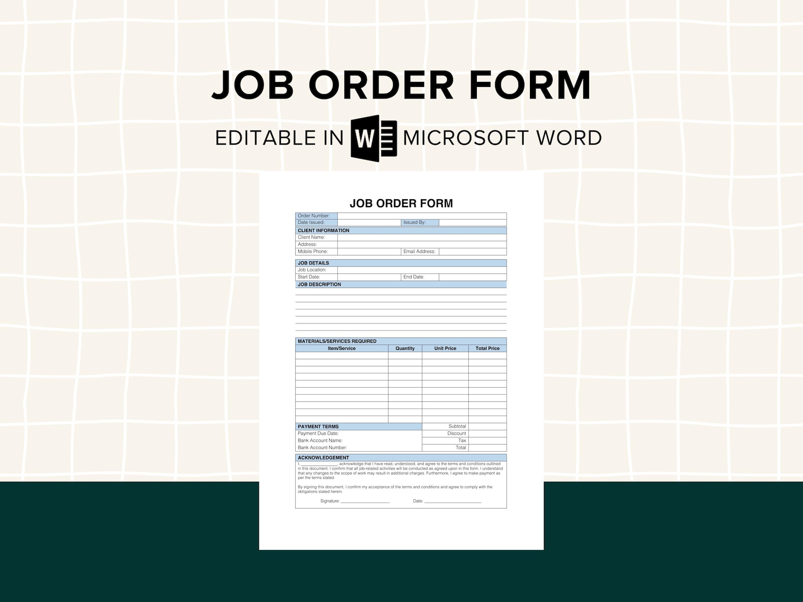 Job Order Form Template, Work Request Form, Editable Word, Printable ...