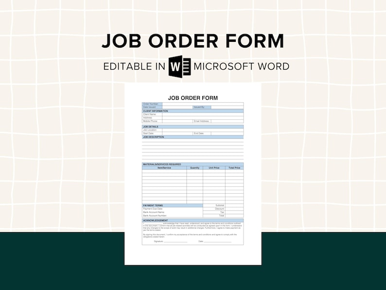 Job Order Form Template, Work Request Form, Editable Word, Printable ...