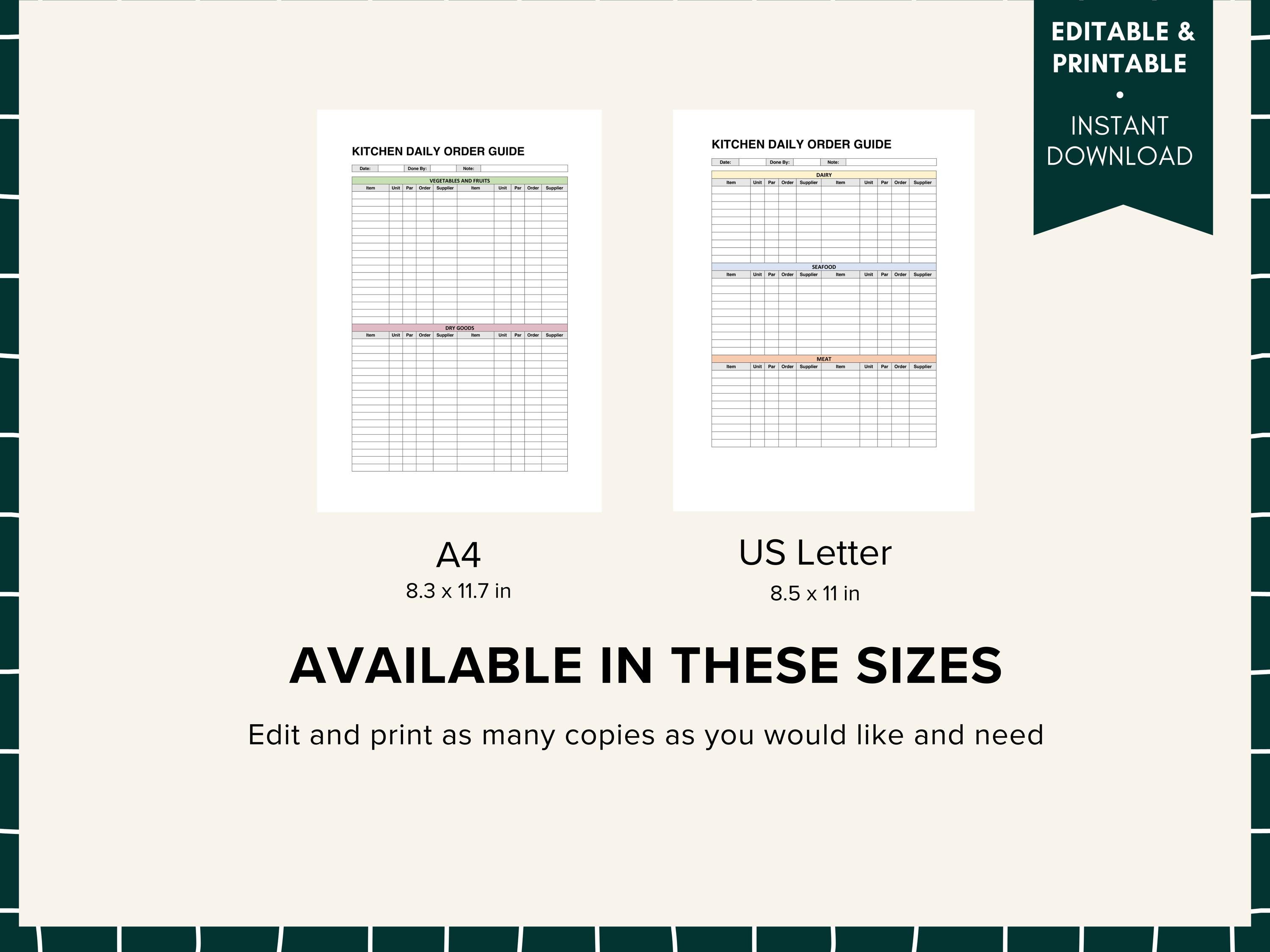 Kitchen Daily Order List, Order Guide. Restaurant and Cafe, Checklist ...