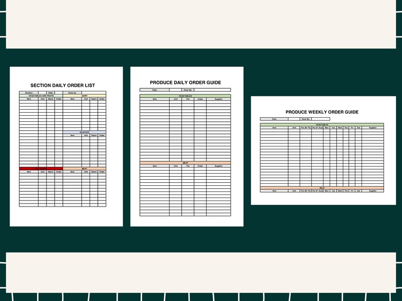Kitchen Produce Order List, Guide, Section List, Daily, Weekly ...