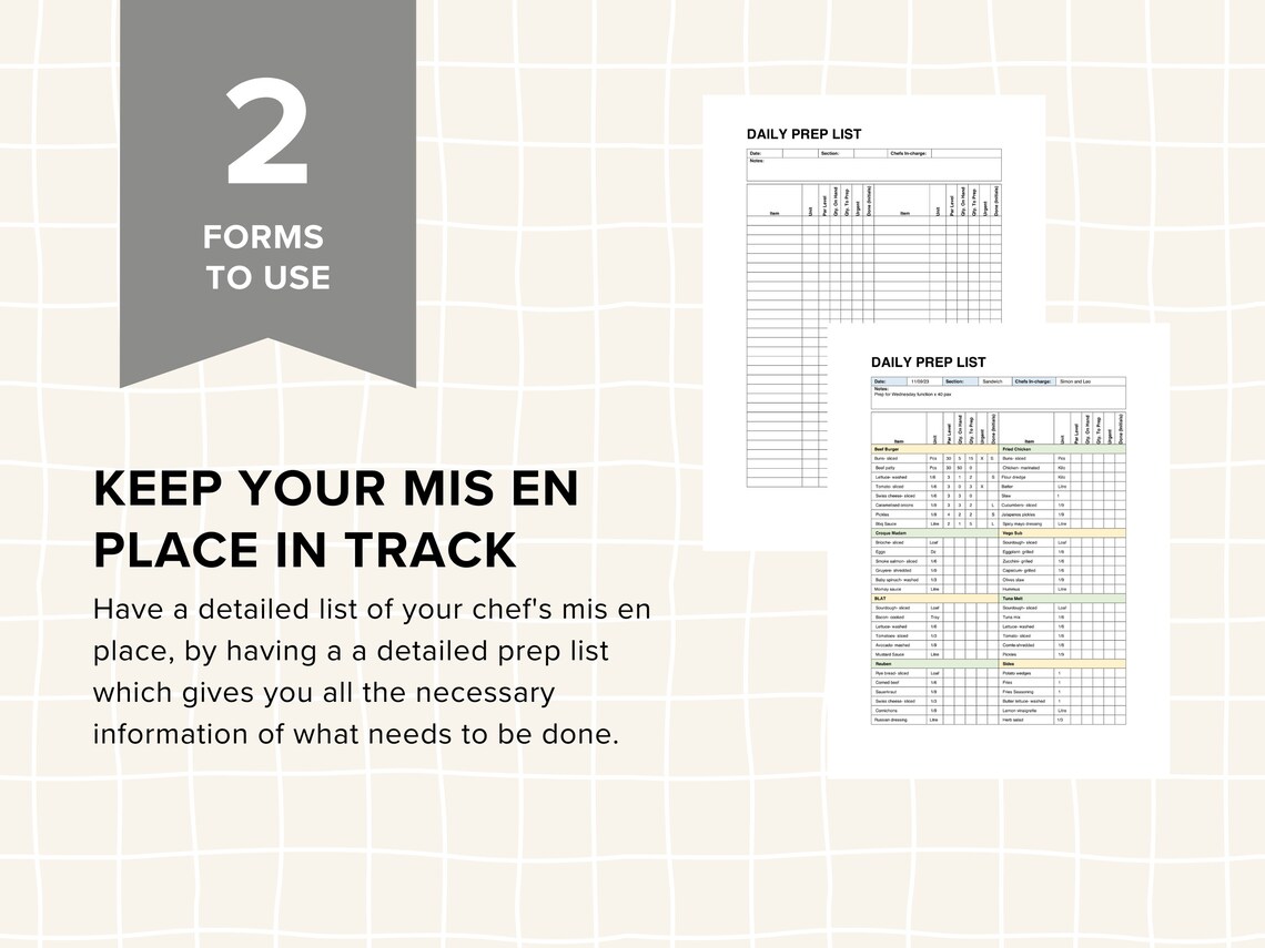 Kitchen Daily Prep List, Shift Handover Notes Fot Chefs, Restaurant and ...