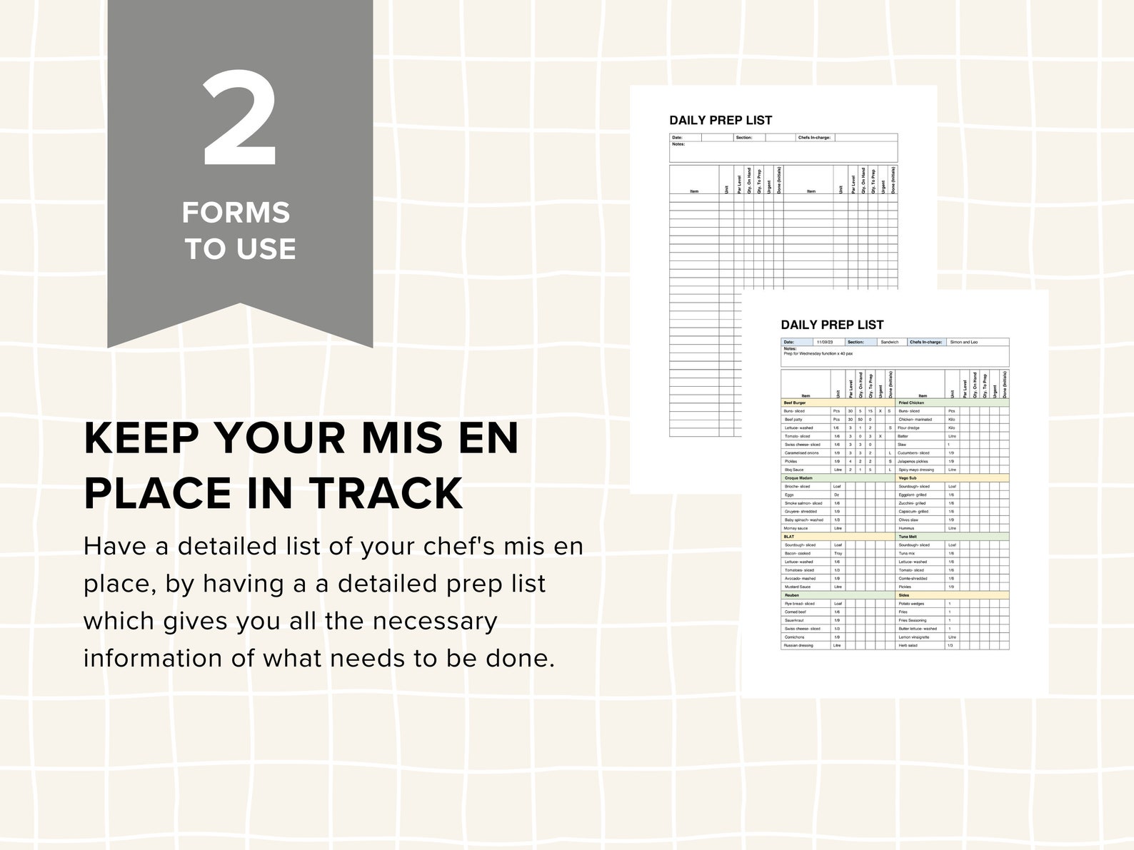 Kitchen Daily Prep List, Shift Handover Notes Fot Chefs, Restaurant and ...