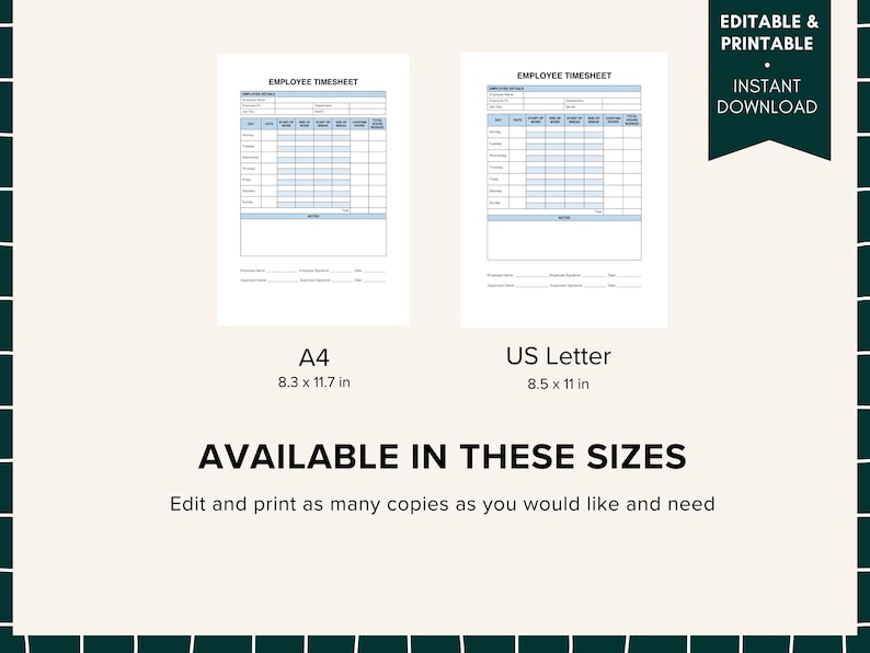 Printable Weekly Time Sheet, Split Shift, Employee Timesheet Log Form ...