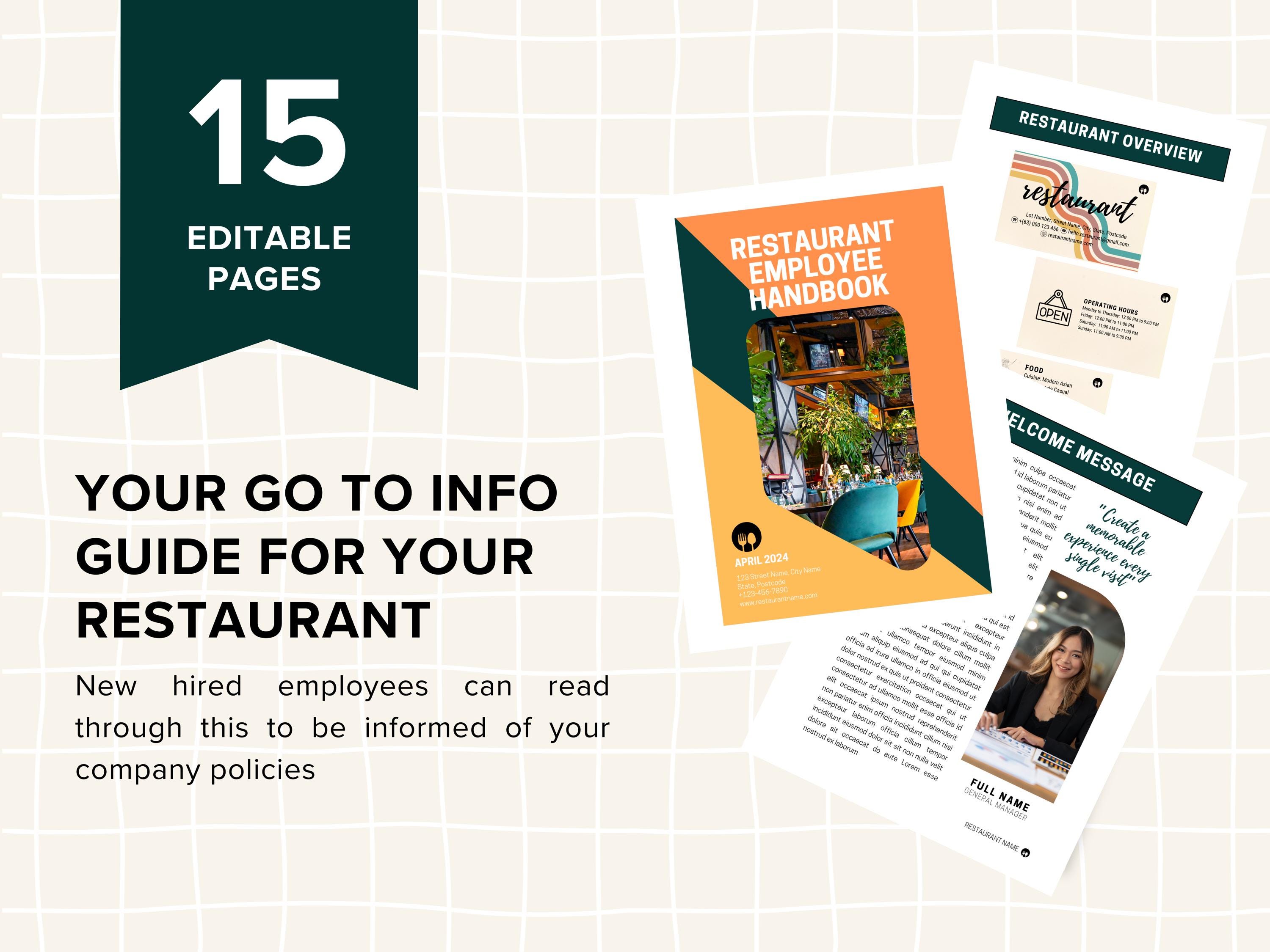 Restaurant Employee Handbook, Training Manual, New Hired Chefs, Servers ...